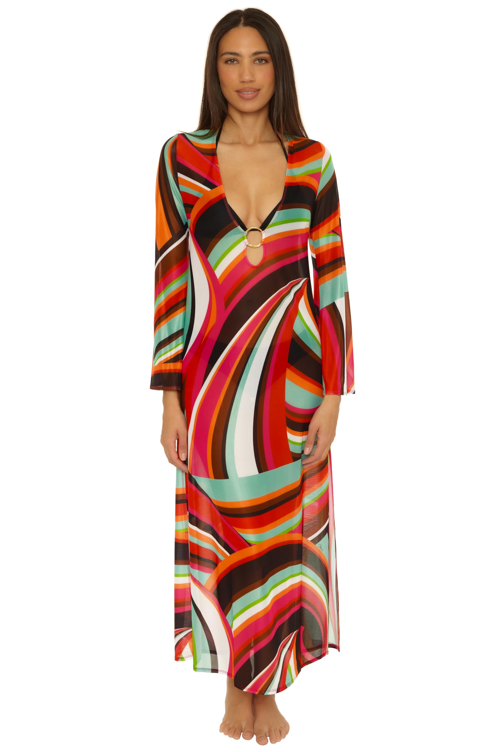 Trina Turk Women's Standard Fontaine Mesh Maxi Ring Dress, V-Neck ...