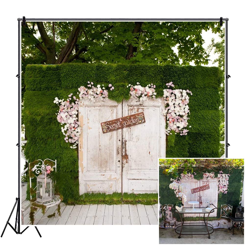 Buy CSFOTO 8x8ft Secret Garden Backdrop Wooden Floor White Door Flowers ...