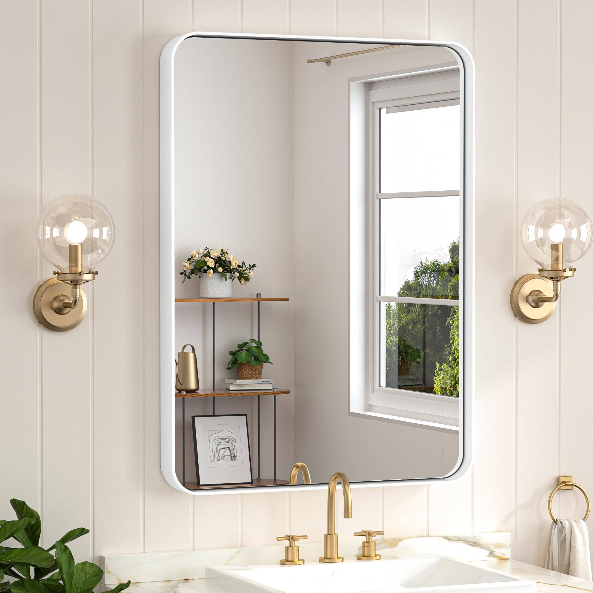 Keonjinn White Framed Mirrors for Bathroom 20 x 30 Inch Rounded ...
