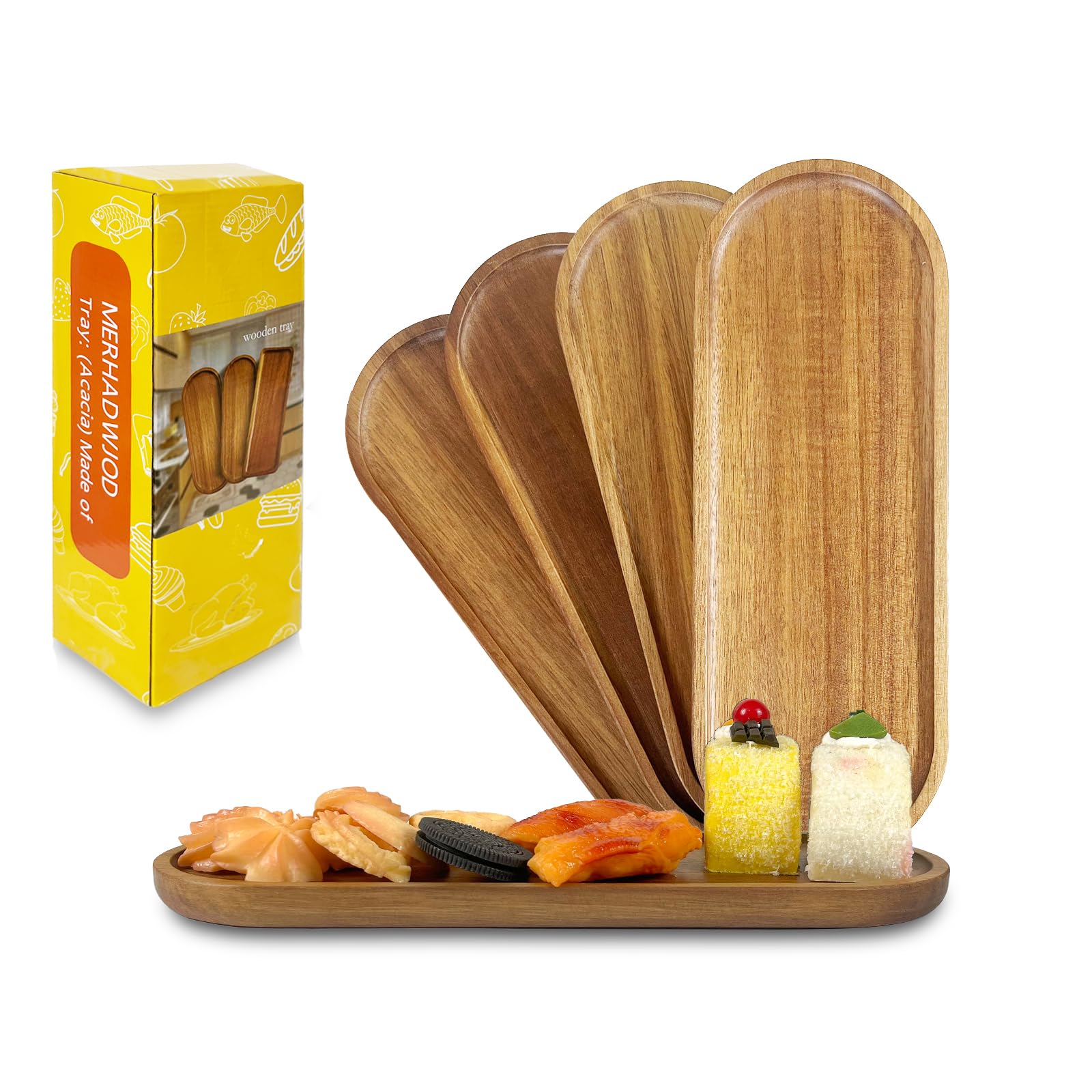 Set of 5 Acacia Wooden Trays Oval Serving Tray Wooden Rectangular Plate ...