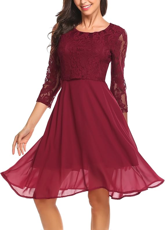 Finejo Damen Elegant Chiffonkleid Abendkleid Cocktailkleid 3/4 Arm mit Spitzen Ballkleid Party ...