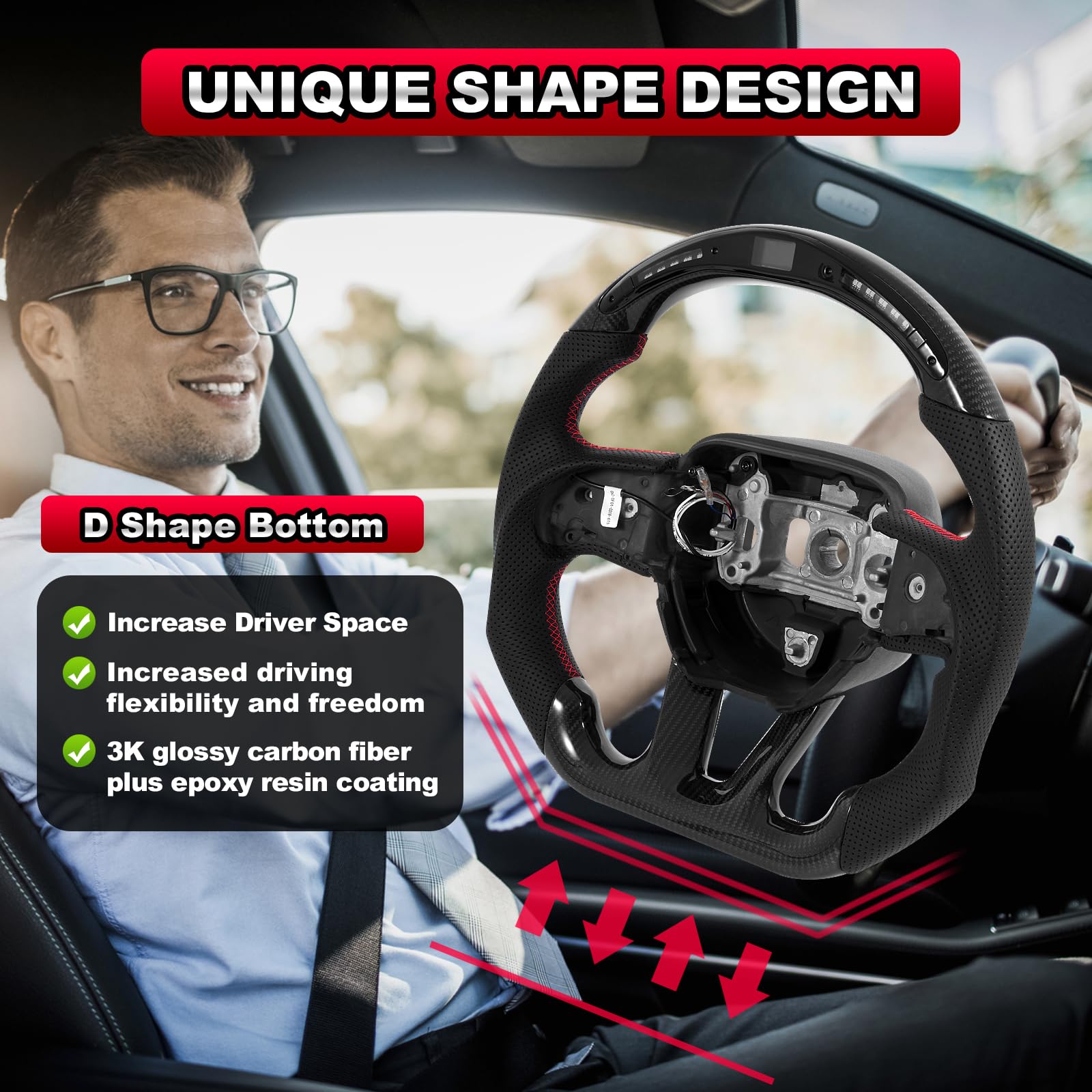 Mua Steering Wheel, 3K Carbon Fiber D-shaped Flat-bottom with LED Shift ...