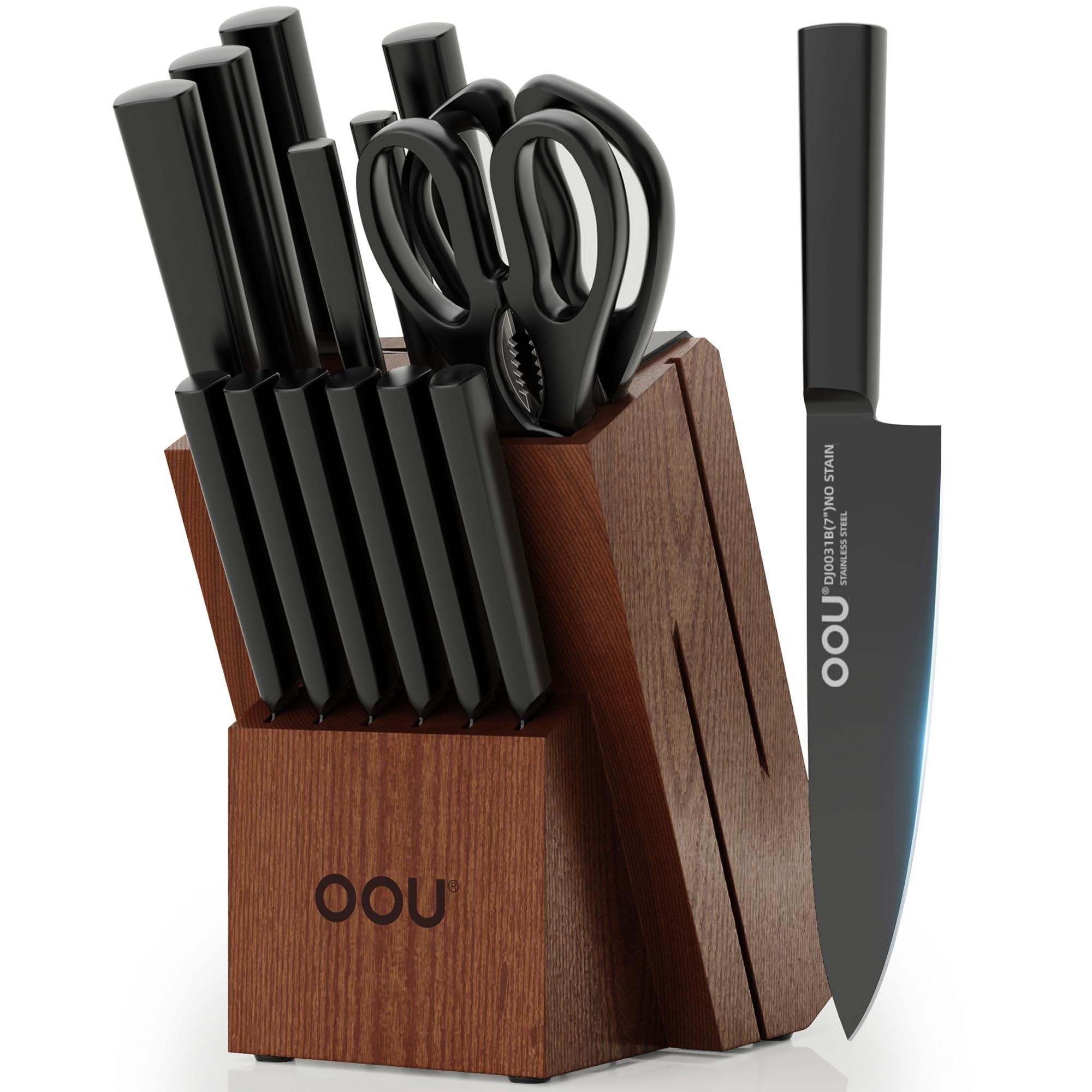 OOU Kitchen Knife Block Set - 15 Pieces High Carbon Stainless Steel ...