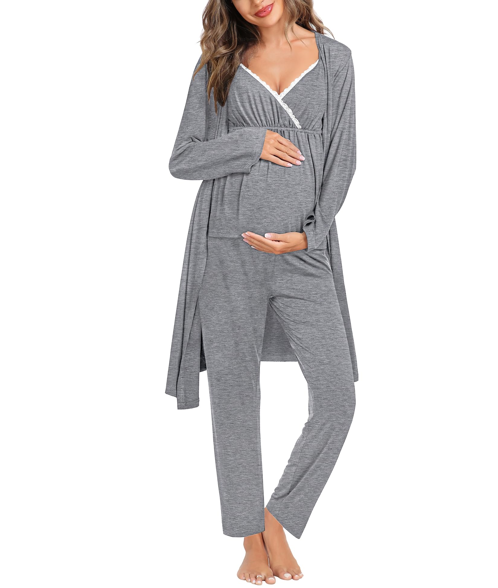 SWOMOG Maternity Nursing Robe Set 3 Piece Breastfeeding Pajamas 3 in 1 ...