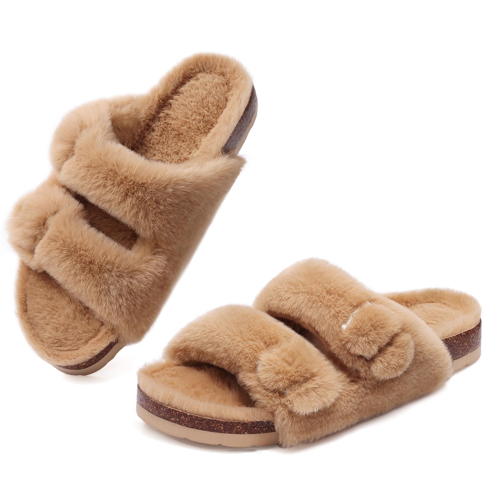 KIDMI Fuzzy Slippers Women with Cork Footbed Fluffy Slides Open Toe ...