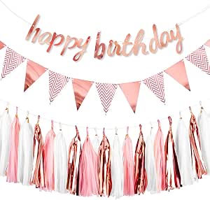 Amazon.com: Pink Rose Gold Birthday Party Decoration Banners for Women ...