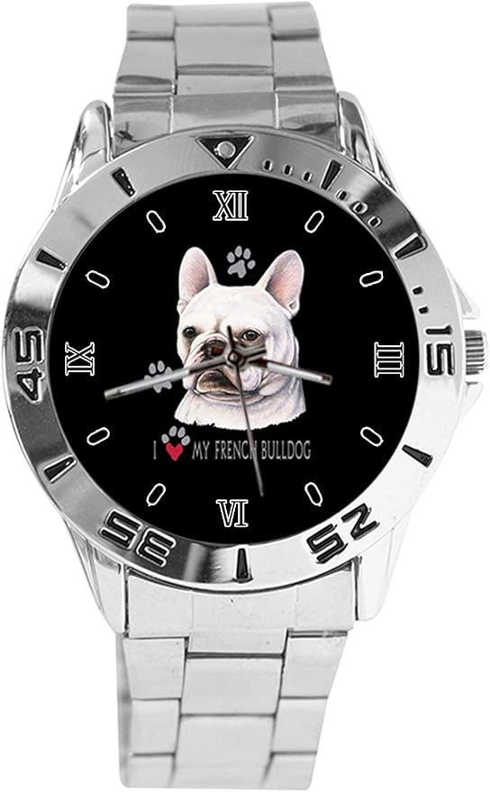 I Love French Bulldog Design Analog Wrist Watch Quartz Silver Dial ...