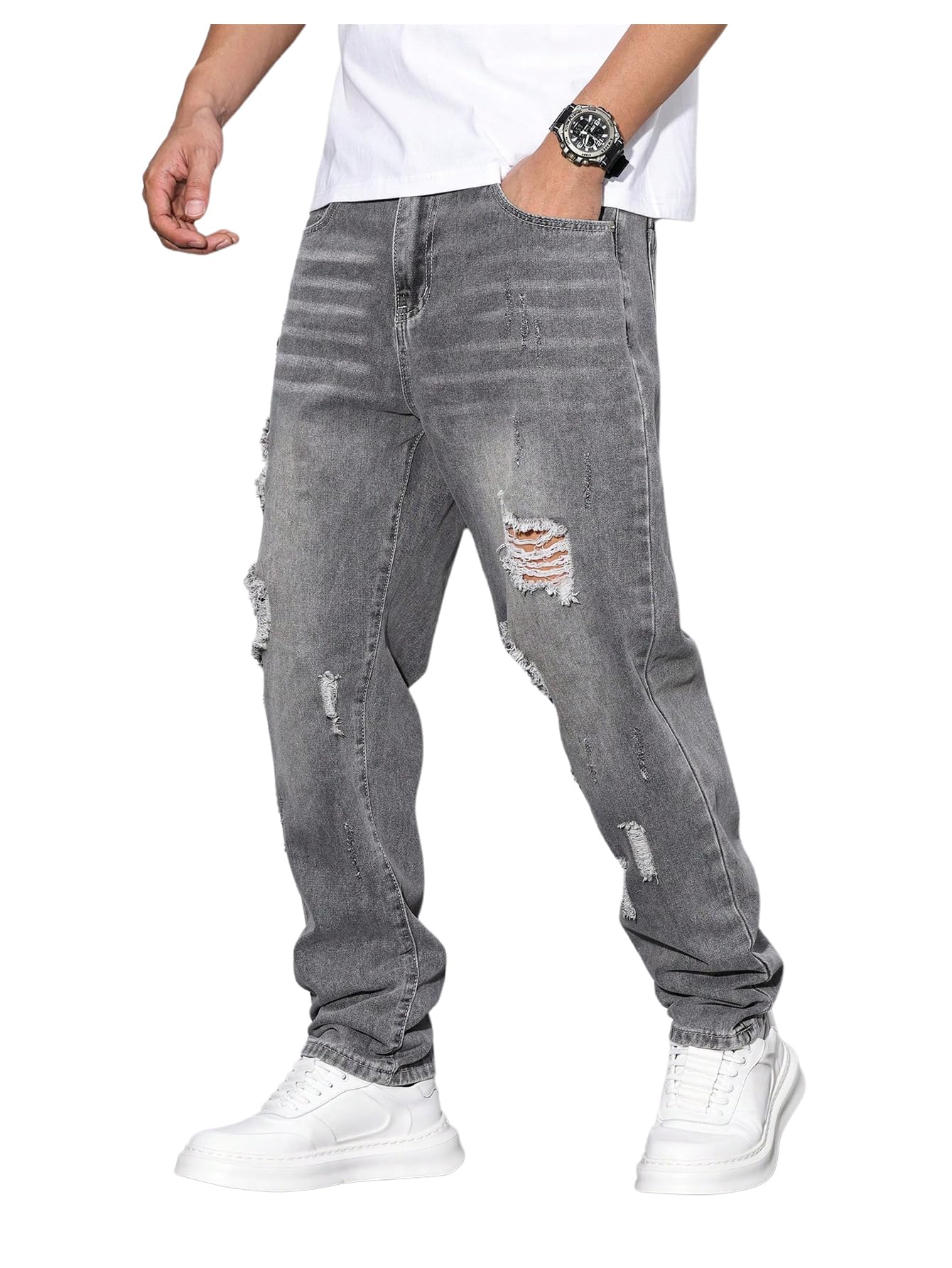 Verdusa Men's Vintage Distressed Ripped Jeans Straight Leg Denim Pants ...