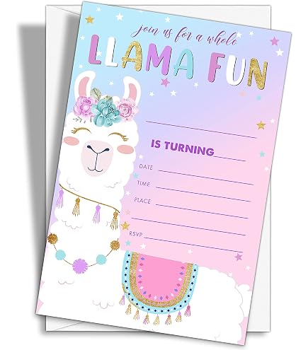 Birthday Invitations Llama - 25 Double-Sided Cards With Envelopes - A ...
