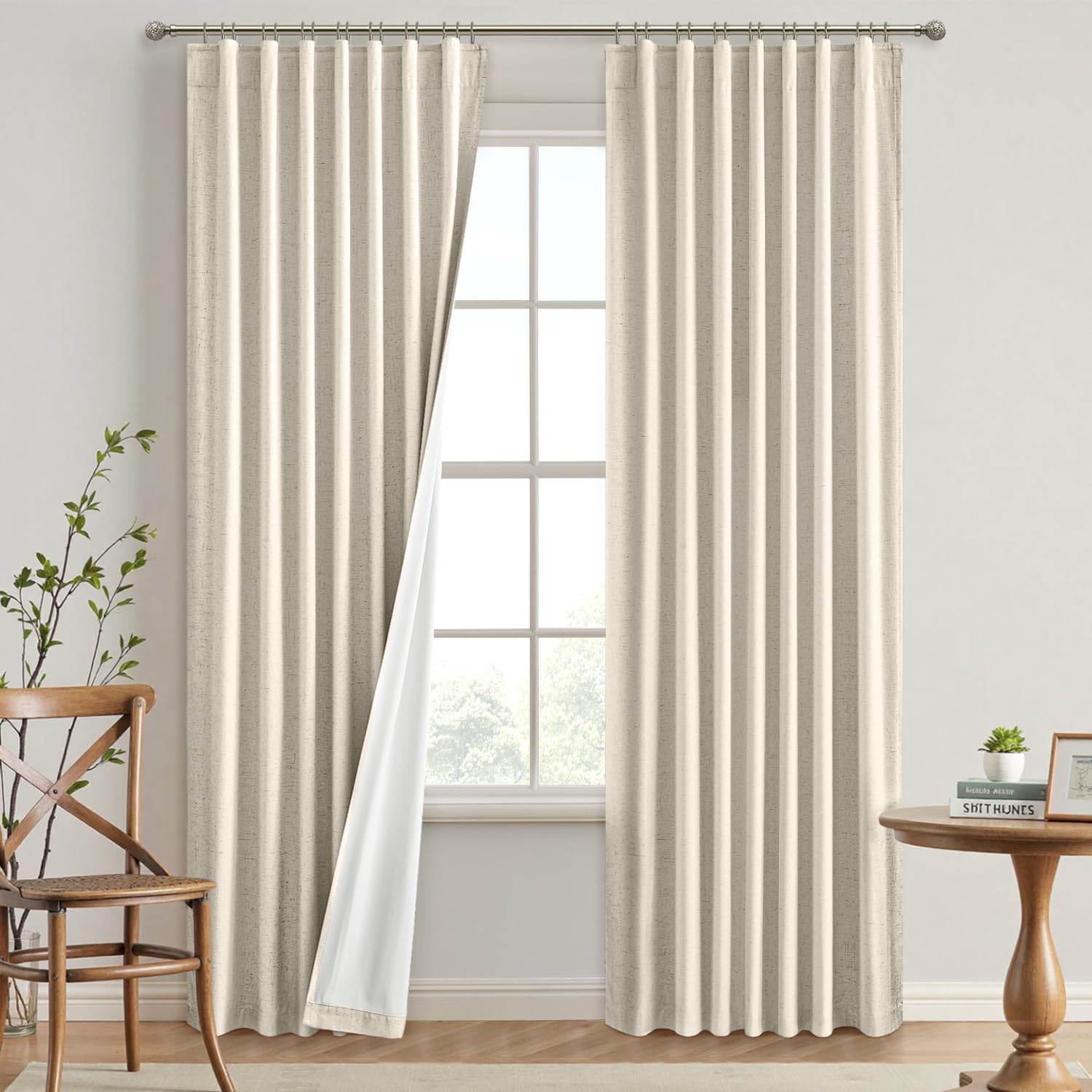 EMEMA Cream Beige Linen Blackout Curtains 90 inch Long 2 Panels Set for ...