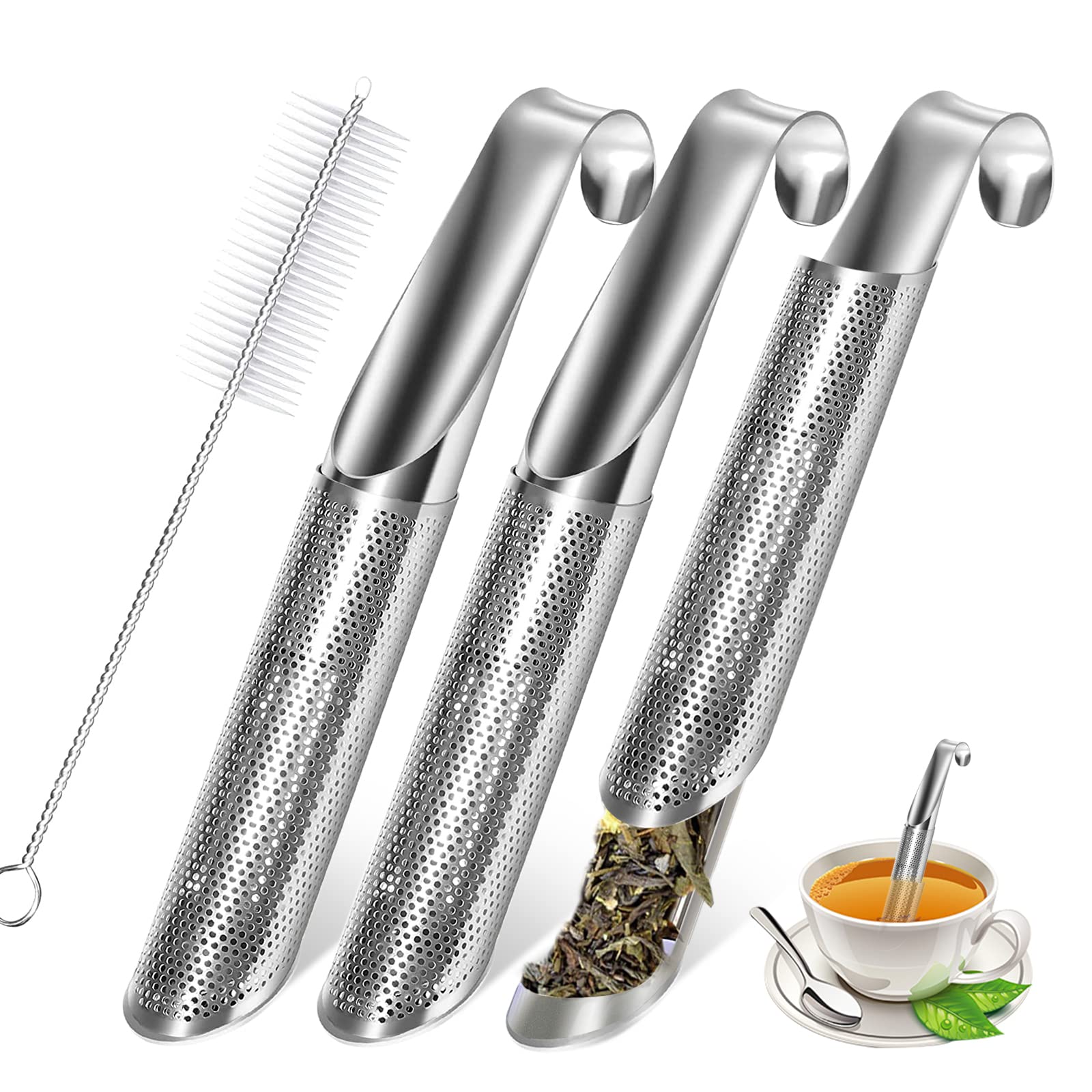 3 Pcs Tea Infuser and 1 Brush, Stainless Steel Tea Infuser Stick Pipe ...