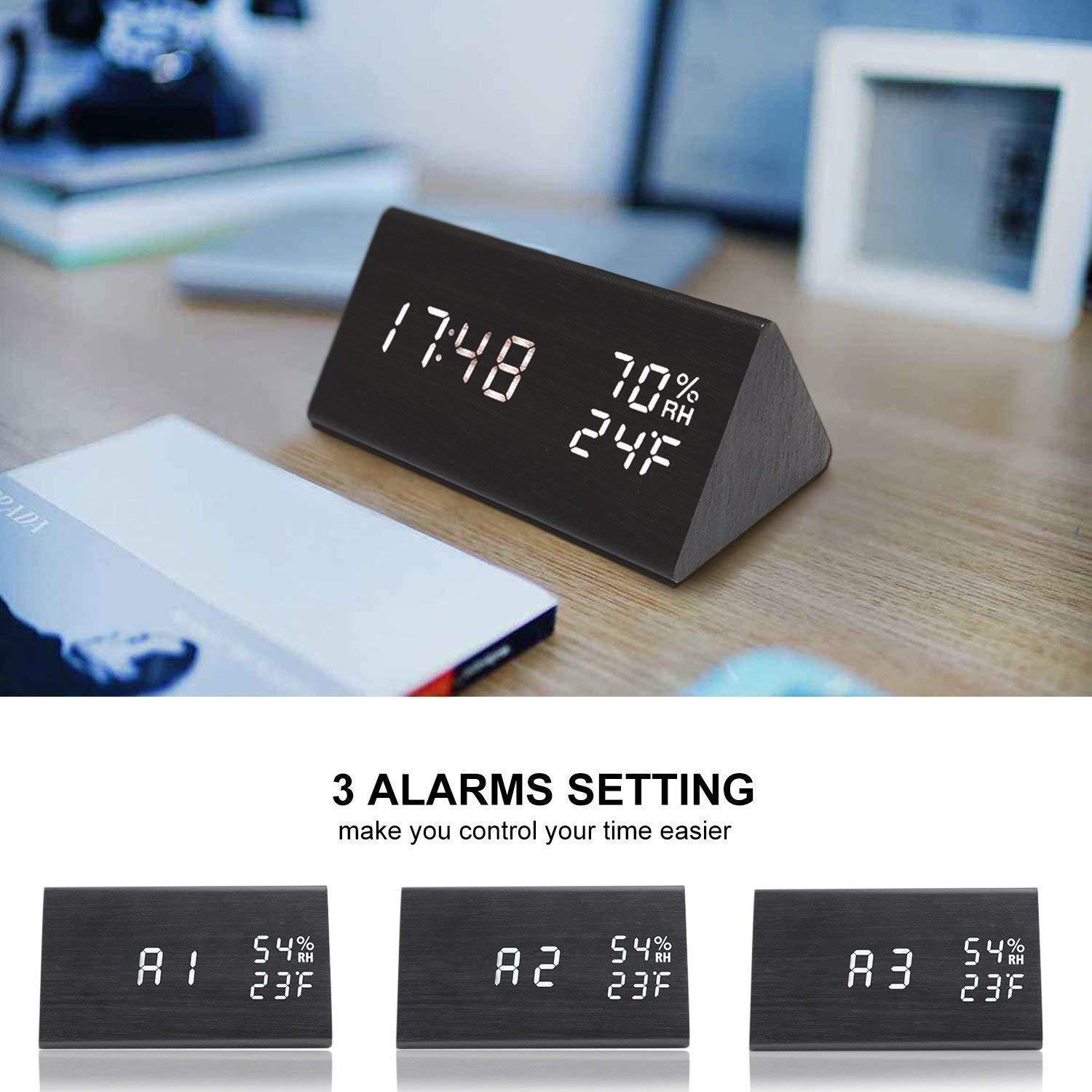 Digital Alarm Clock, with Wooden Electronic LED Time Display, 3 Alarm ...