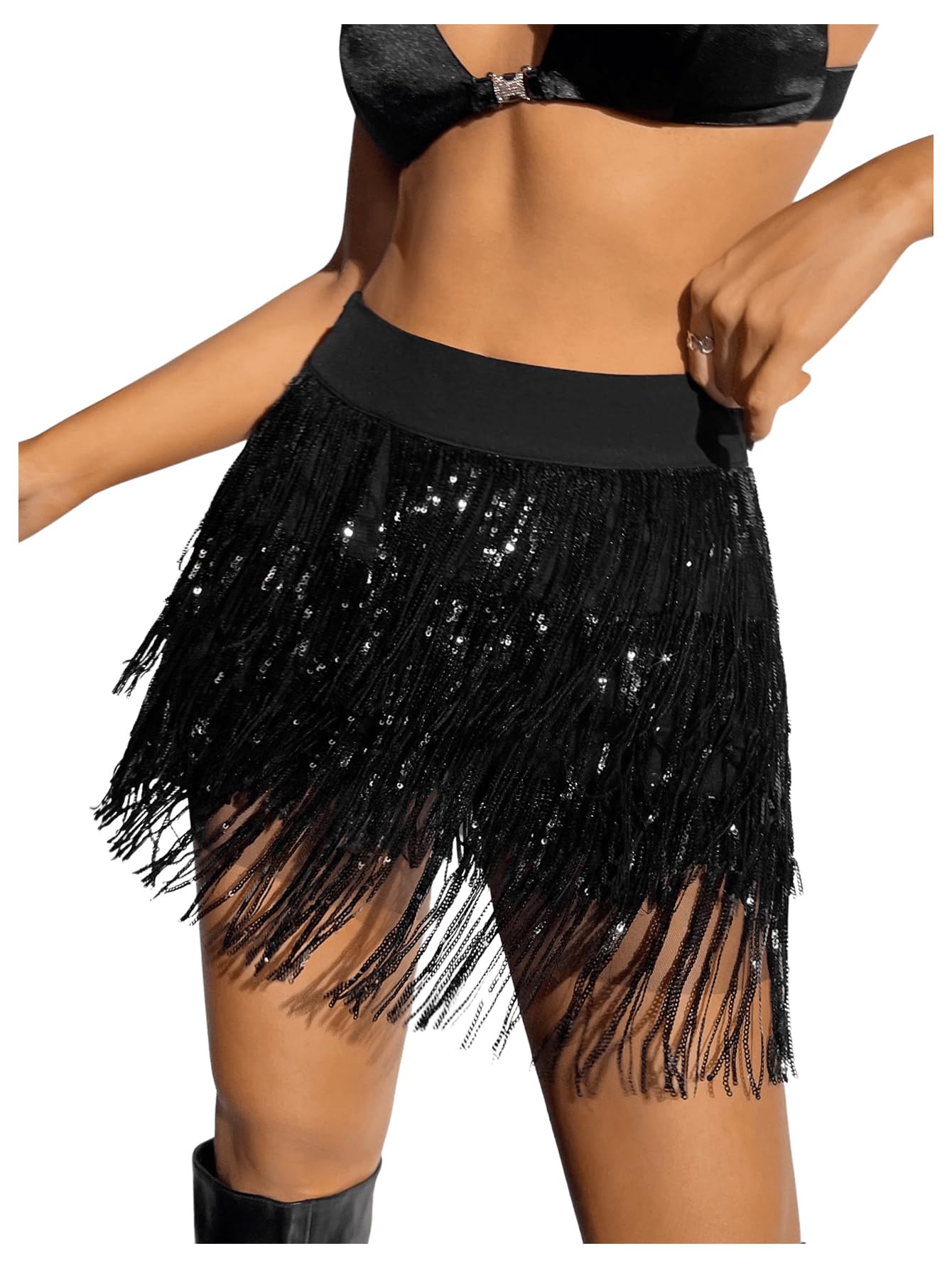 Floerns Women's Sparkly Sequin Fringe Skirt Belly Dance Disco Tassel Rave Mini Skirt Black ...