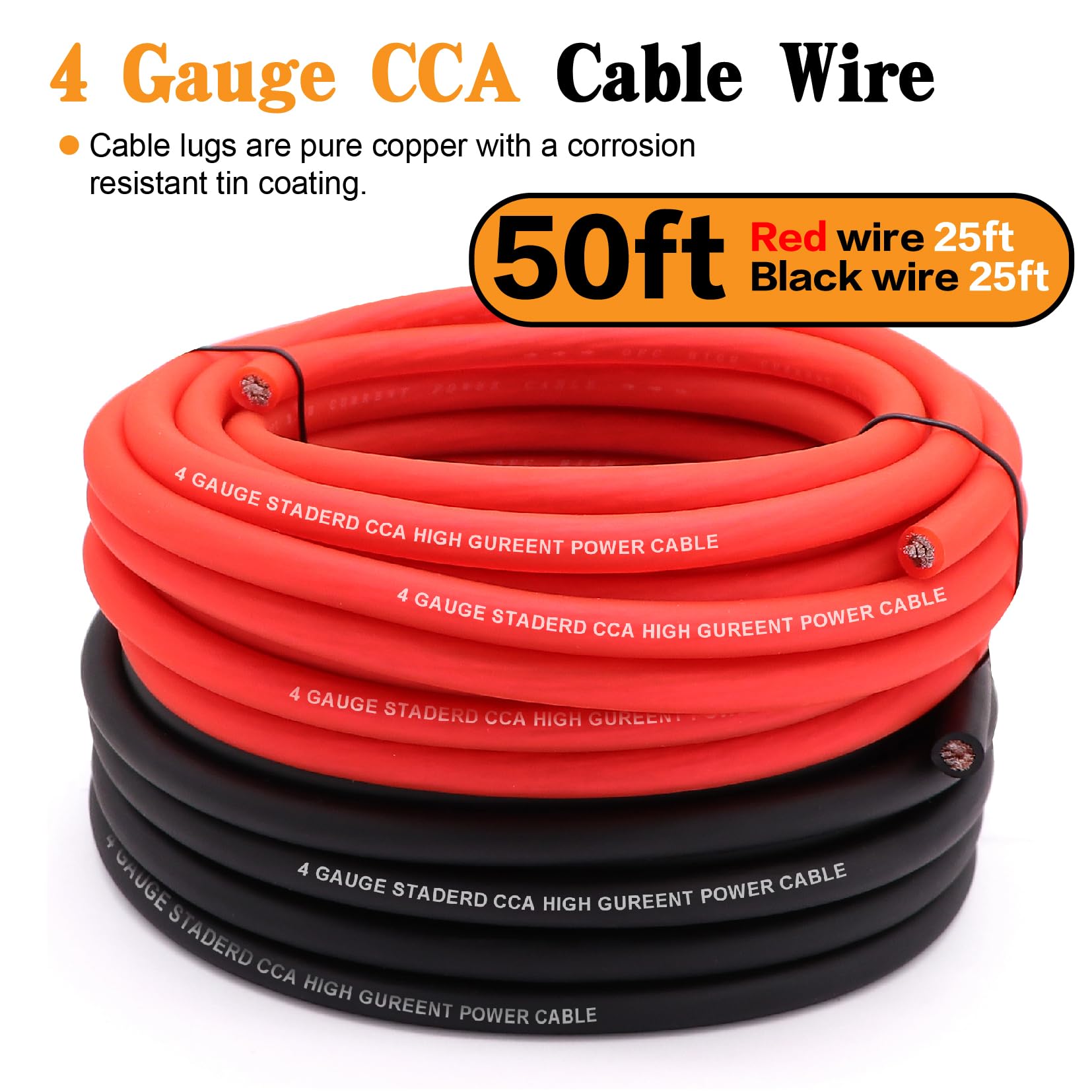 Taukealugs AWG 4 Gauge Wire Copper Clad Aluminum CCA 50FT Black/Red ...