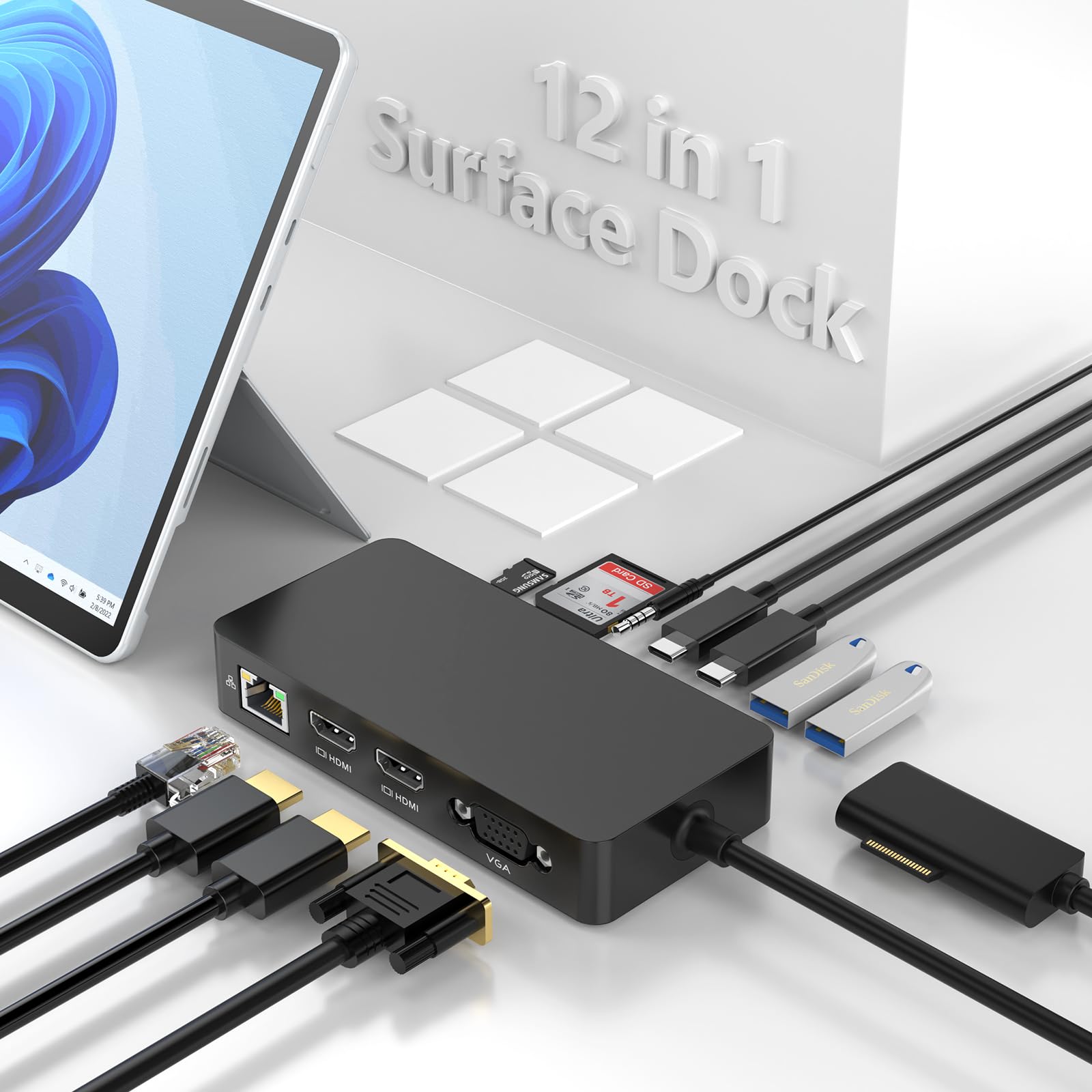 Microsoft Surface Dock Triple Displays 2 Hdmi 4k Vga 12 In 1 Docking Station For Surface