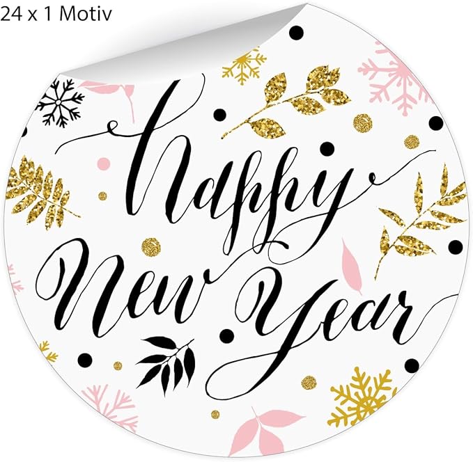 24 edle Silvester Aufkleber mit Handschrift Blätter Motiv: Happy New ...