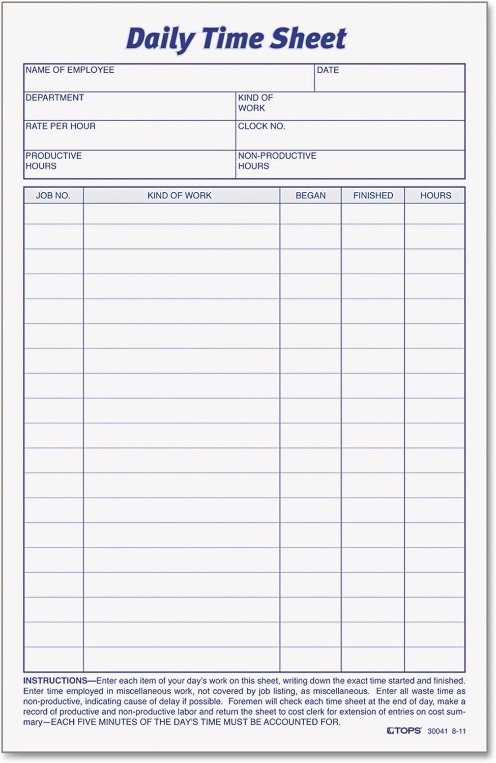 TOPS Daily Employee Time And Job Sheet 6 X 9 5 Inches 100 Sheets Per
