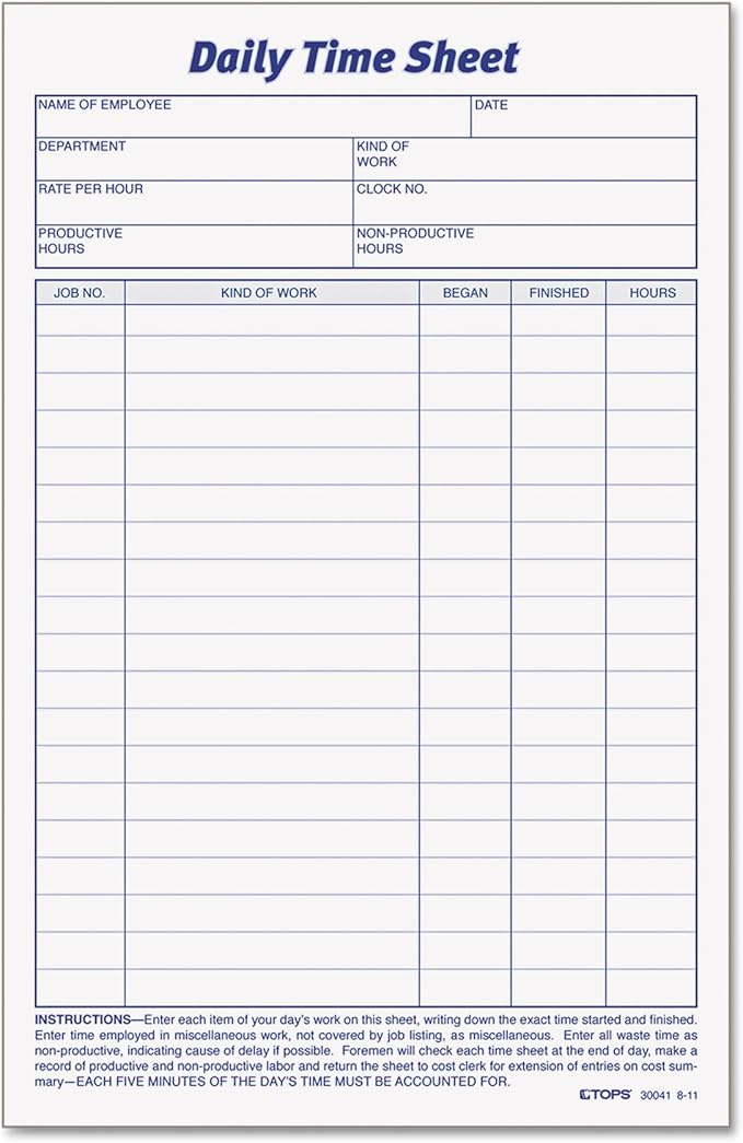 Amazon TOPS Daily Employee Time And Job Sheet 6 X 9 5 Inches