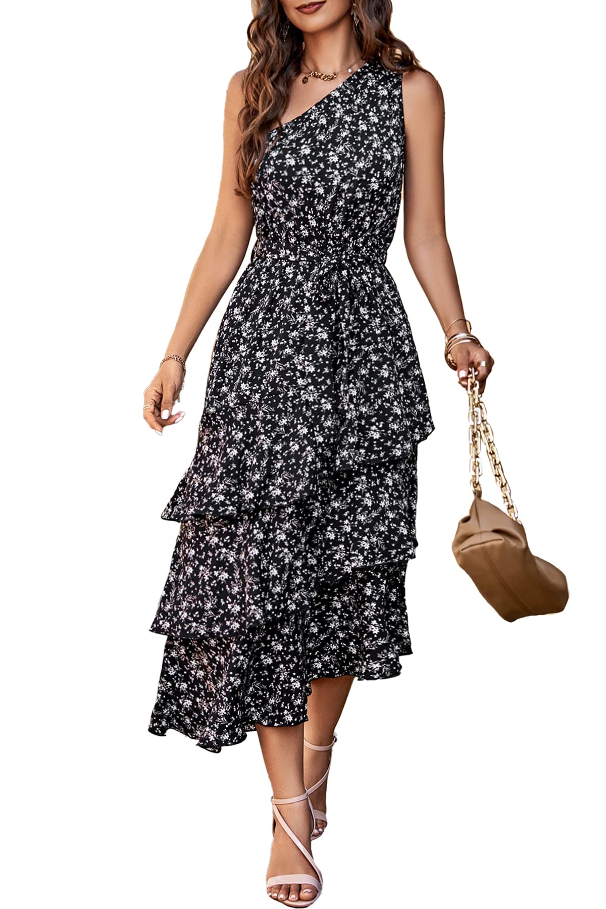 PRETTYGARDEN Women's Summer Floral Sundress Casual One Shoulder Tiered ...