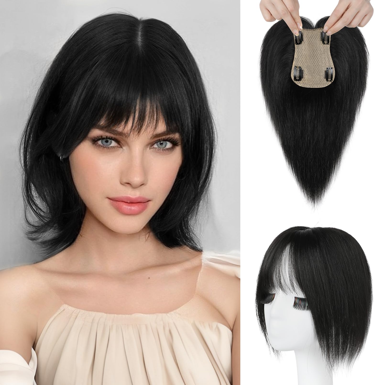 REECHO Human Hair Toppers with Bangs, Thick Hair Volume Topper ...