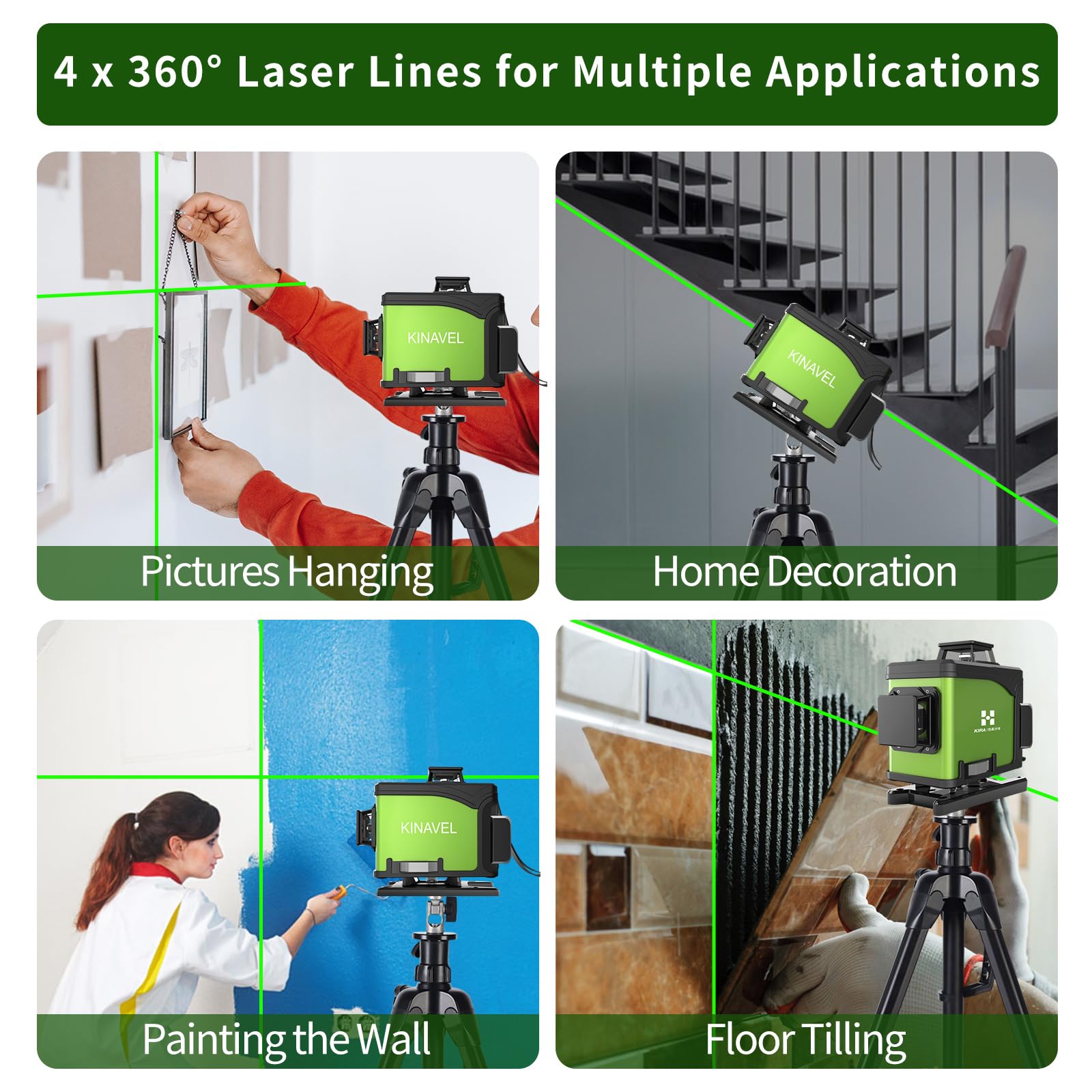 KINAVEL Laser Level 4x360 Self Leveling 16 Lines Green Beam 4D Cross Professional Line Laser ...