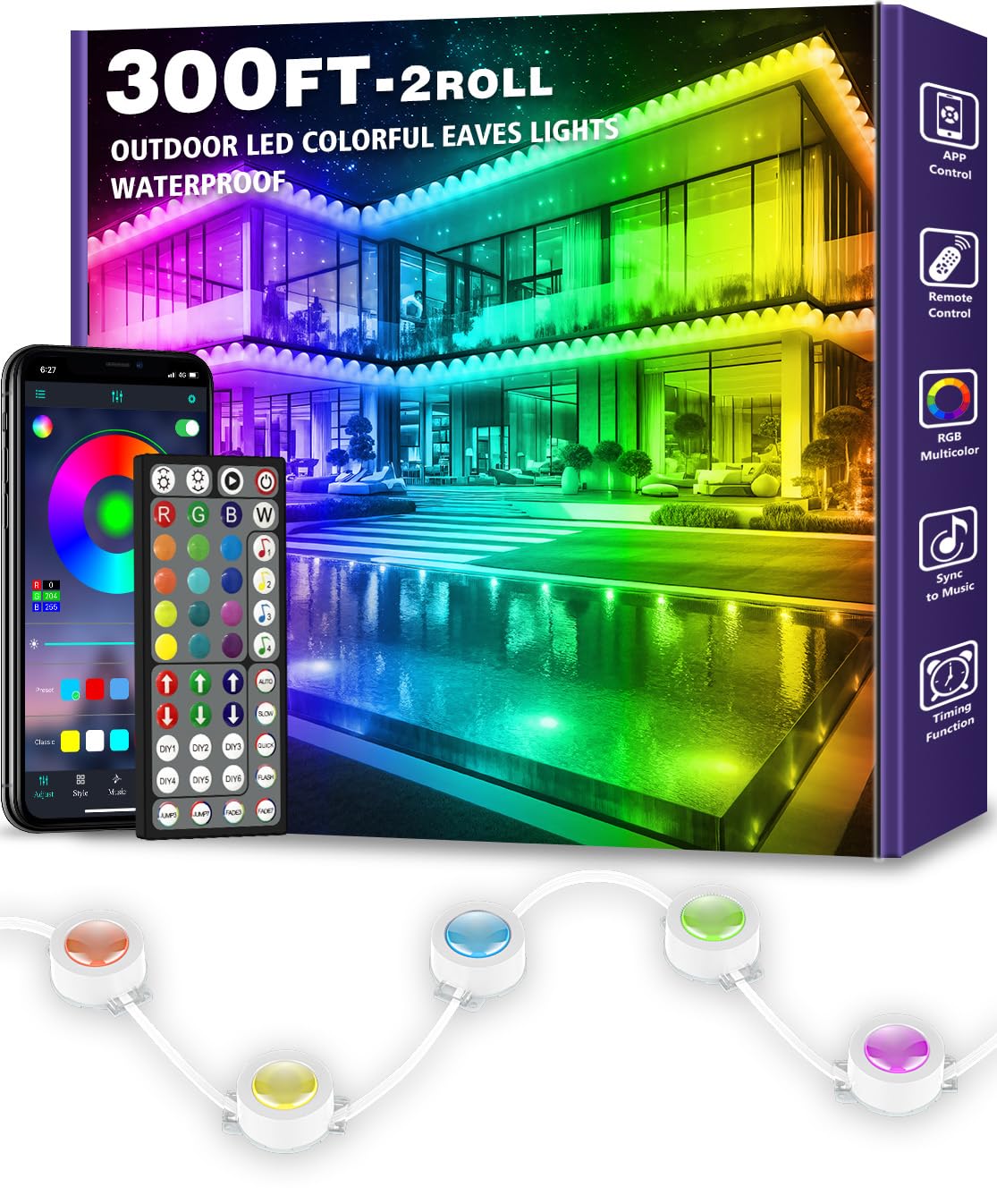 300FT Permanent Outdoor RGB Lights - IP67 Waterproof with Smart App ...