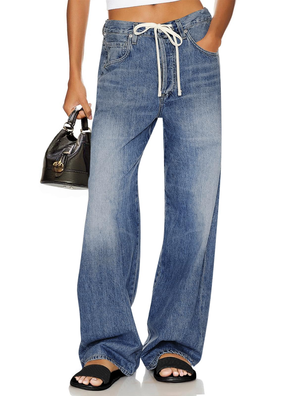 Cicy Bell Womens Wide Leg Jeans Drawstring High Waisted Baggy Straight ...