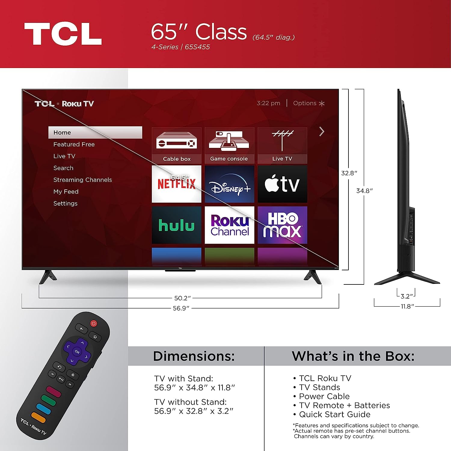 Mua TCL 65" Class 4-Series 4K UHD HDR Smart Roku TV – 65S455 trên Amazon Mỹ chính hãng 2025 | Fado
