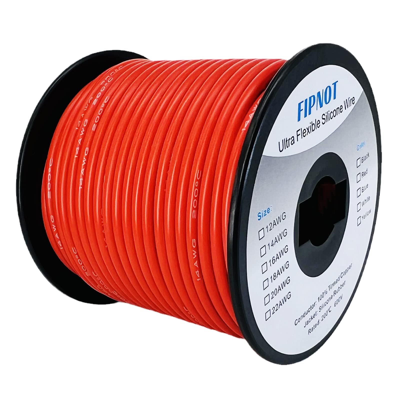 FIPNOT 14 Gauge Silicone Wire - 100ft Red Spool, Extra Flexible 14 AWG Stranded Tinned Copper ...