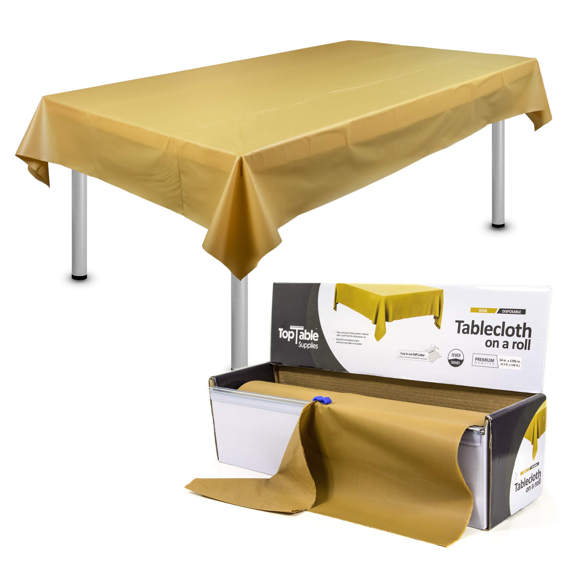 Top Table Supplies Heavy Duty Gold Plastic Table Cloth Roll in A Cut-to ...