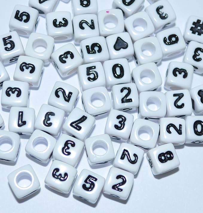 100 pcs Acrylic Number Beads, Cube, 7 mm (White Beads with Black Number ...