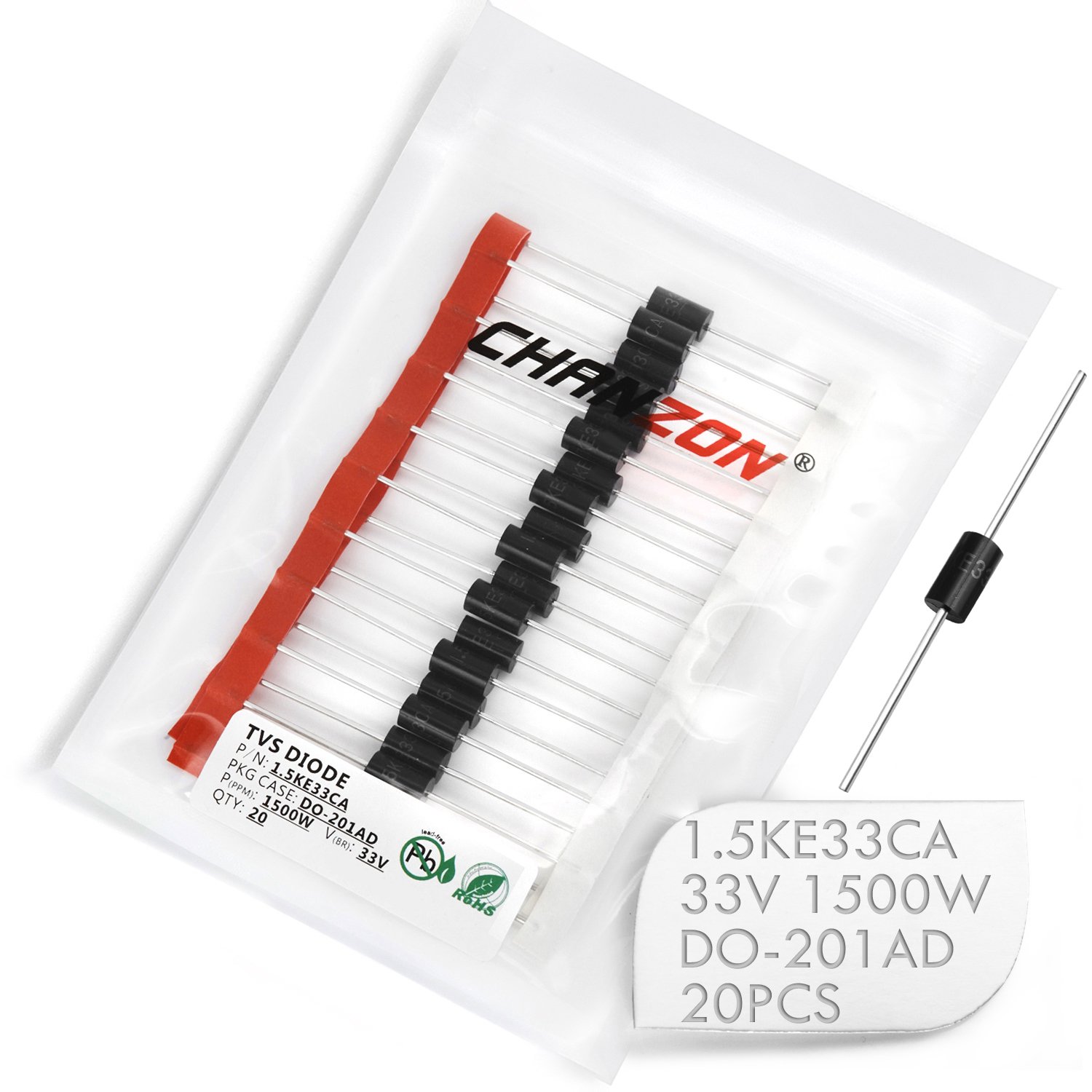 Pack of 20 Pieces Chanzon TVS Diodes 1.5KE33CA 1500W 33V DO-201AD Bidirectional Channel 1500 ...