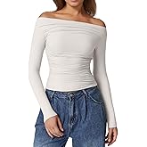 QINSEN Womens Off The Shoulder Tops Double Lined Long Sleeve T Shirts ...