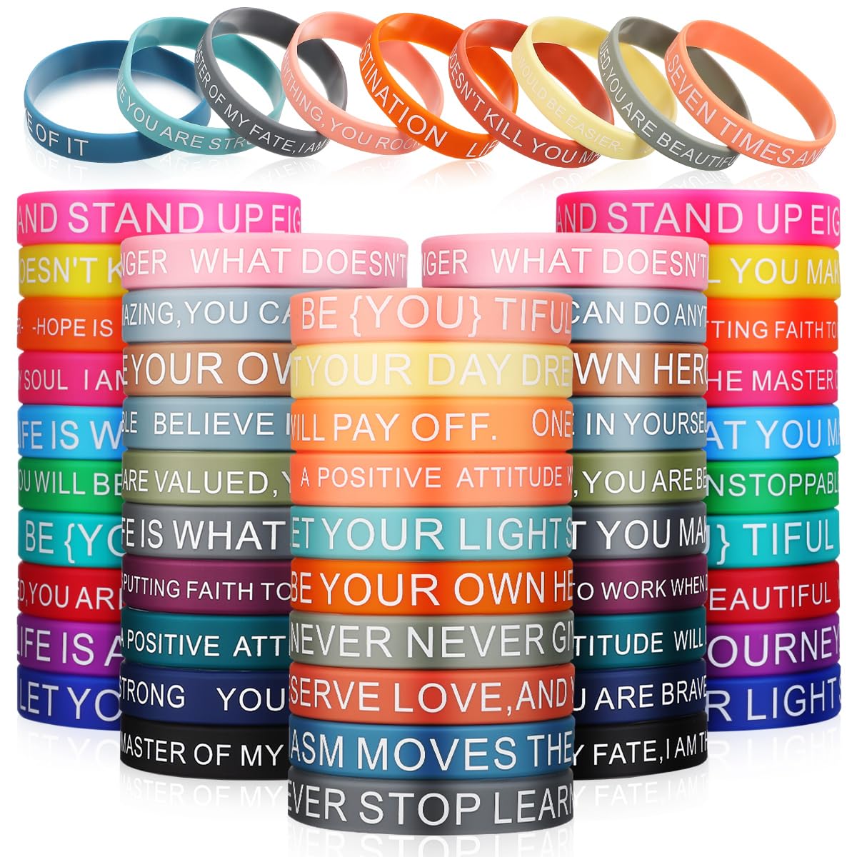 AGFELO 60 Pcs Inspirational Silicone Wristbands Bulk, Colored ...