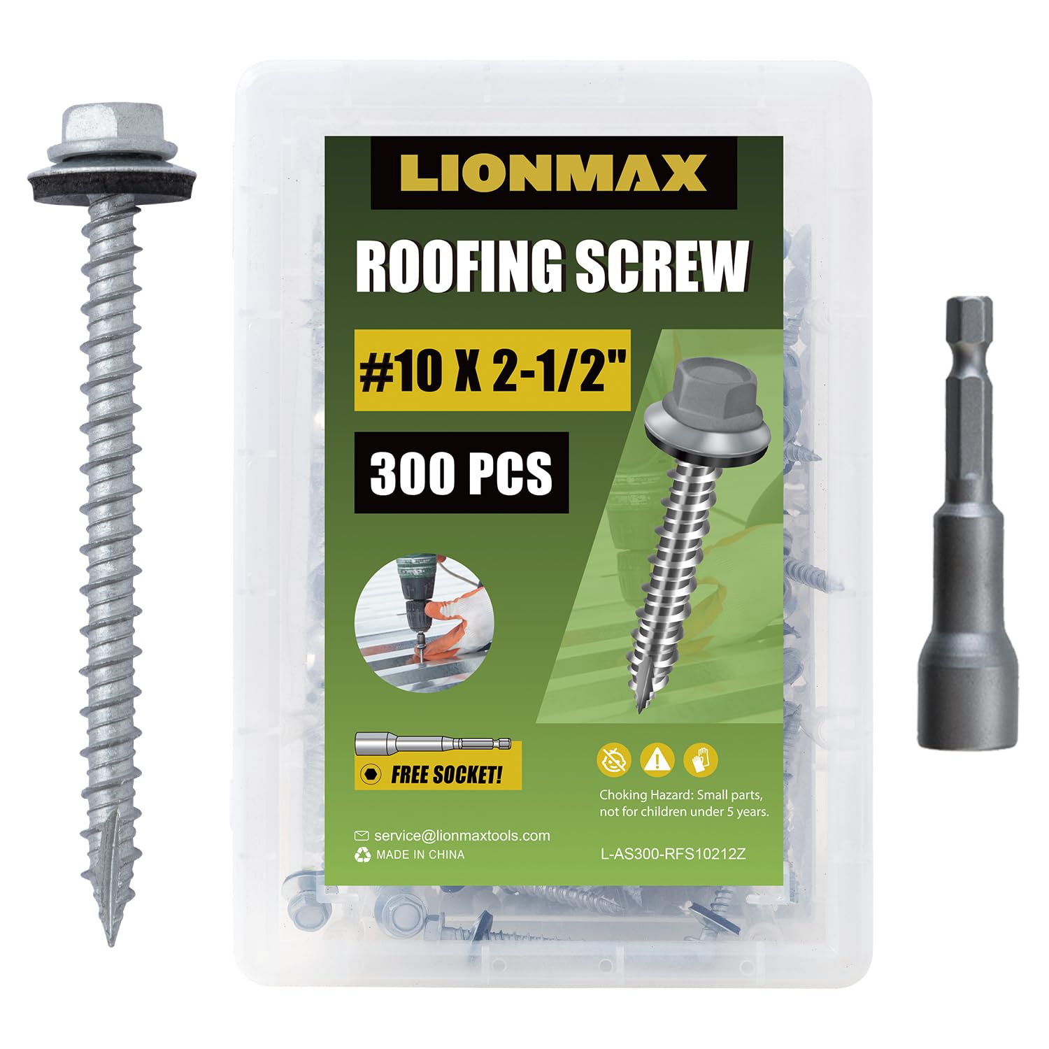 LIONMAX Metal Roofing Screws #10 × 2-1/2 Inch, 300-PCS, Zinc Plated Hex ...