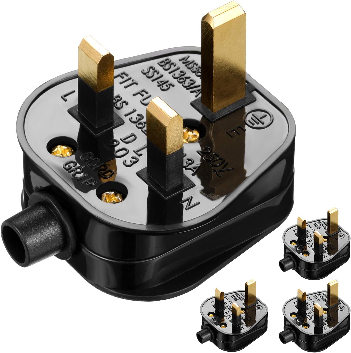 3 Pin 13 A Fused Mains Plugs, 250 V Mains Plug Adaptor with Cord Grip ...