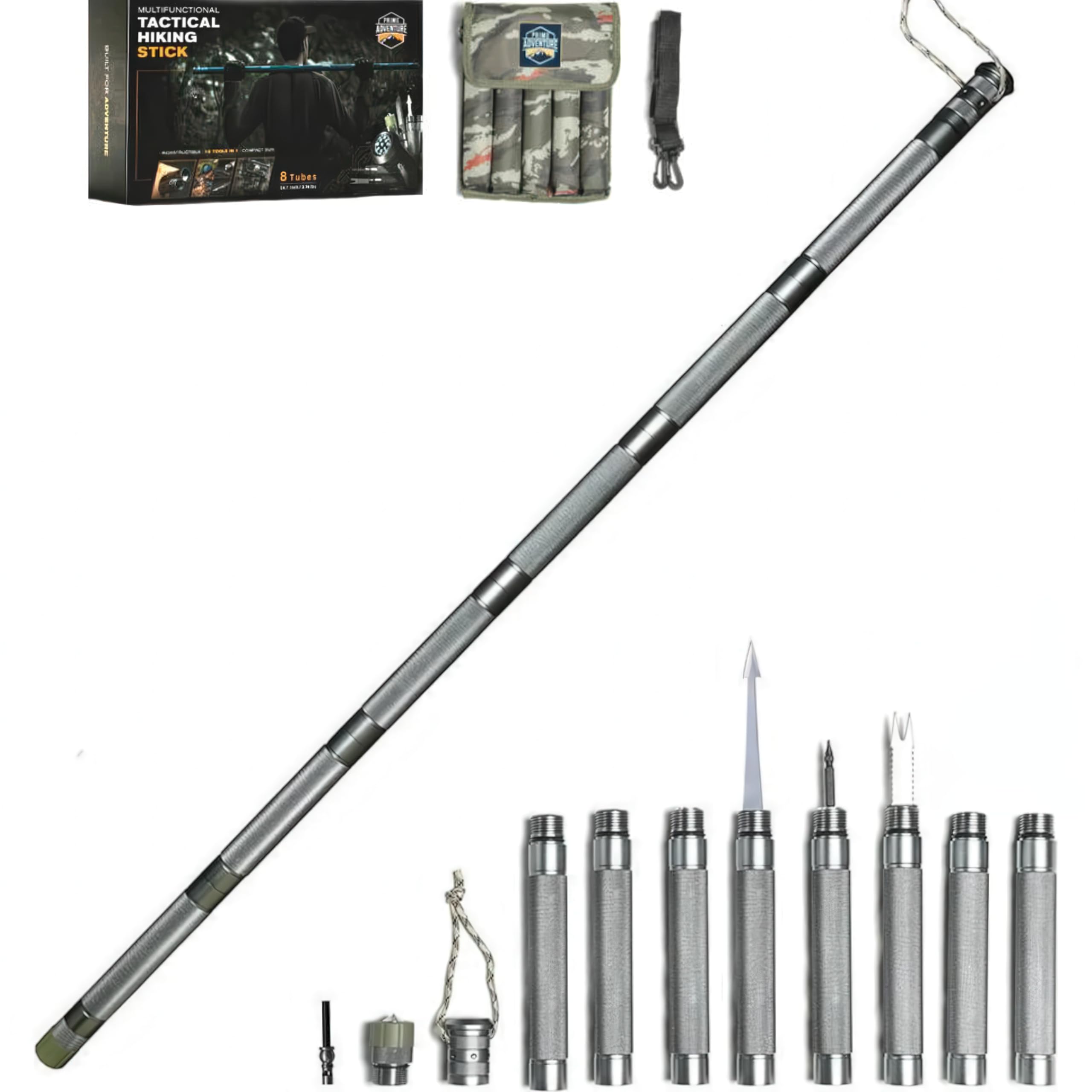 Prime Adventure Hiking Tactical Stick Walking Staff - Outdoor Multitool ...
