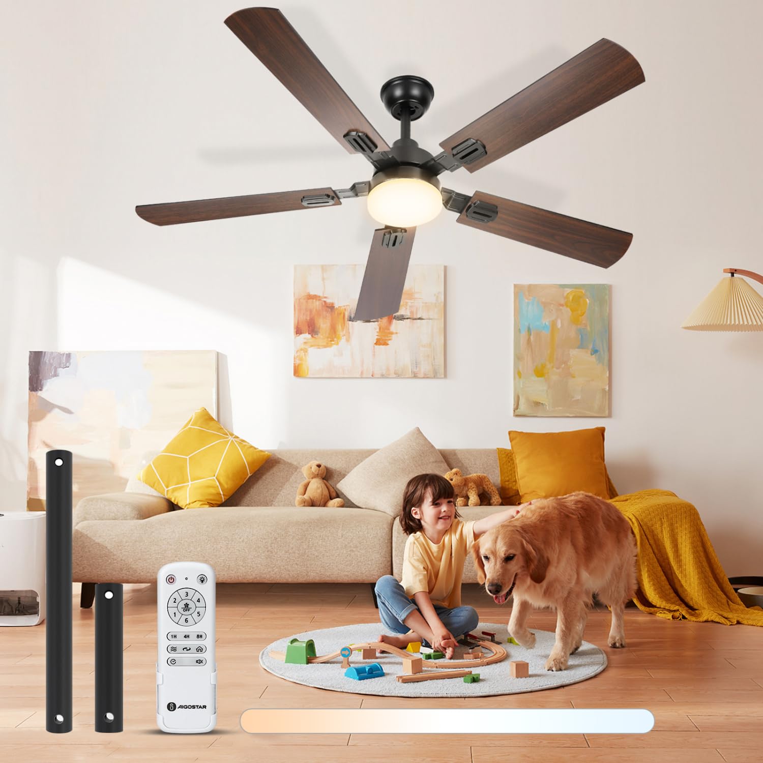 Aigostar 52" Ceiling Fans with Lights and Remote, Black Indoor/Outdoor ...