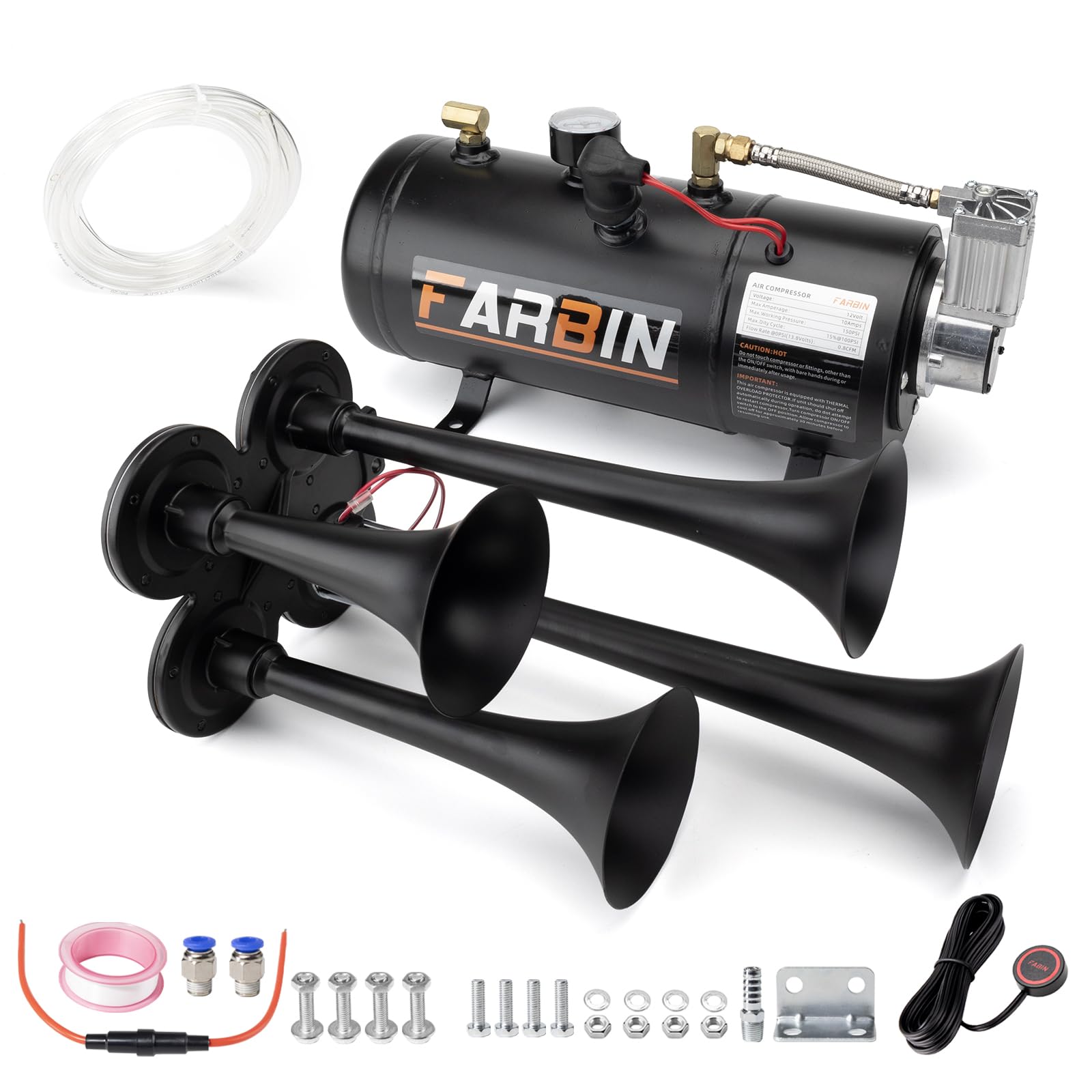 FARBIN 178DB 4 Trumpet Horns Train Horn Kit for Truck Super Loud Air ...
