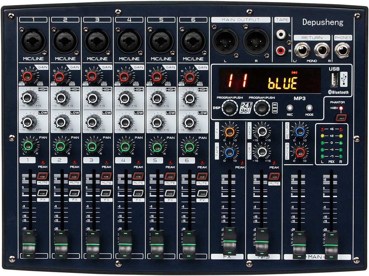 Depusheng BX6 Compact 6 Channels Mixer Mixing Console with 16 DSP Effects Built-in 48V Phantom ...