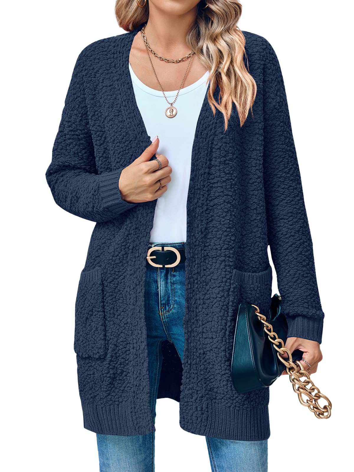 Mafulus Womens Popcorn Cardigan Sweaters Open Front Long Sleeve Fuzzy ...