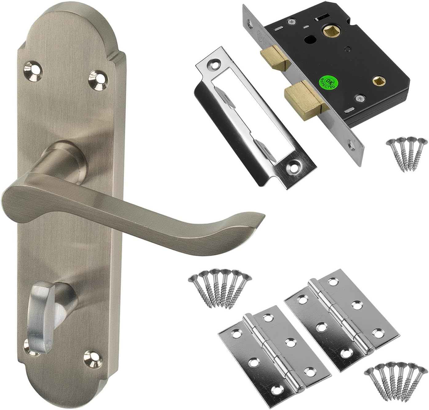 Satin Nickel Door Handle Set Pack Latch Lock Bathroom New (Bathroom ...