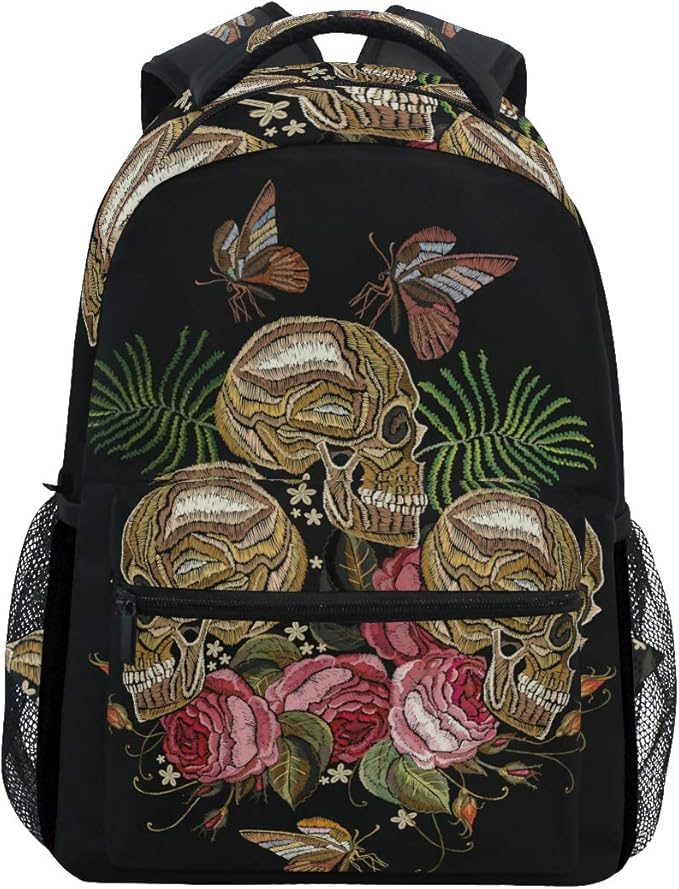 Gothic Embroidery Skulls Roses School Backpack for Boys Girls Kids ...