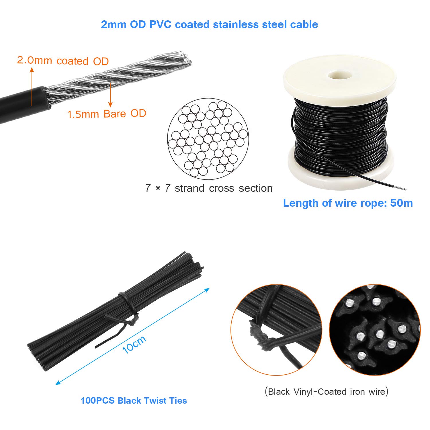 WiMas 162PCS Outdoor Light Guide Wire Rope, 164 Ft PVC Coated Stainless ...