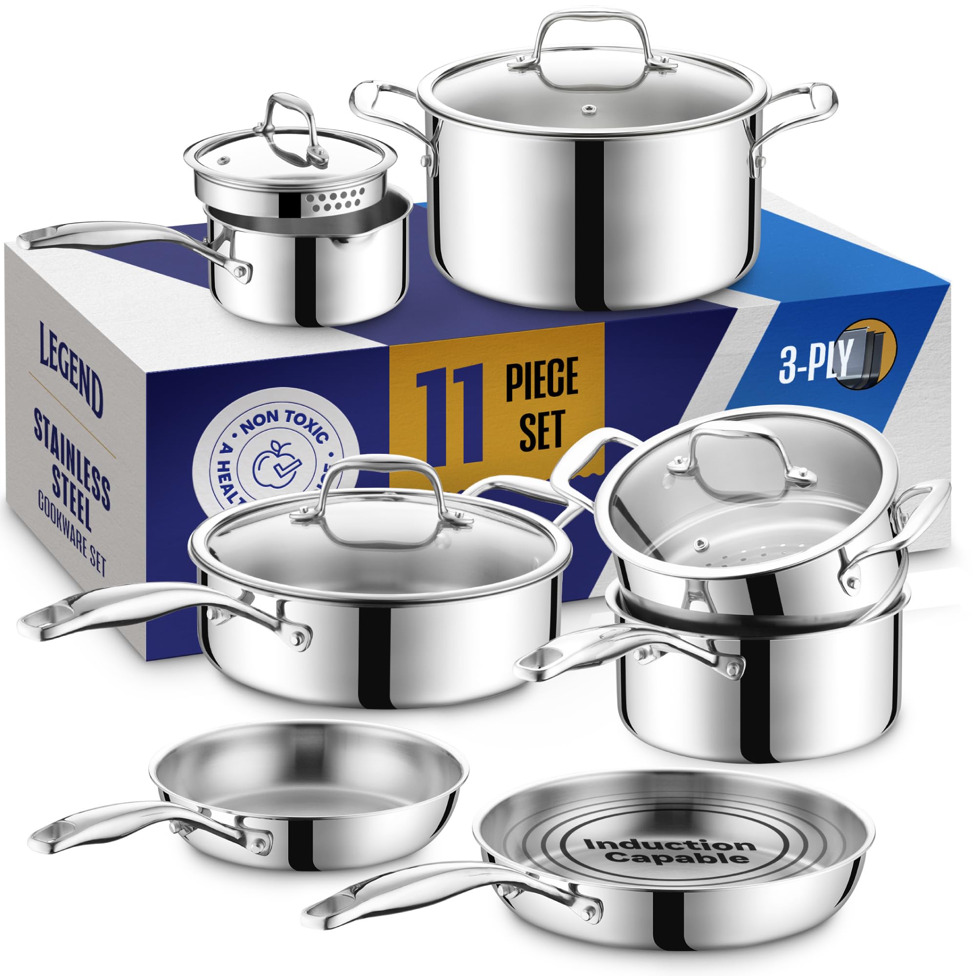 LEGEND COOKWARE 3 Ply Stainless Steel Pots and Pans Set | 11-Piece w ...
