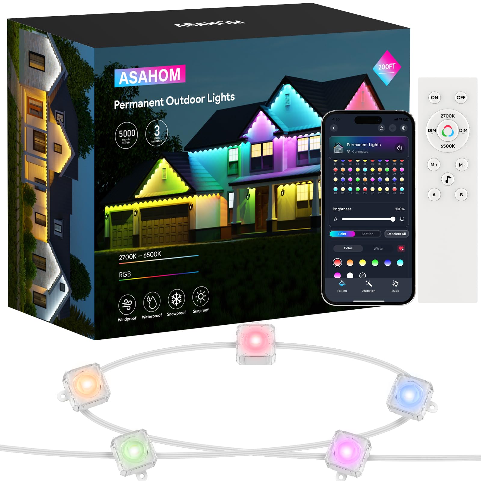 ASAHOM Permanent Outdoor Lights for House, 200ft with 120 RGBCW LED ...