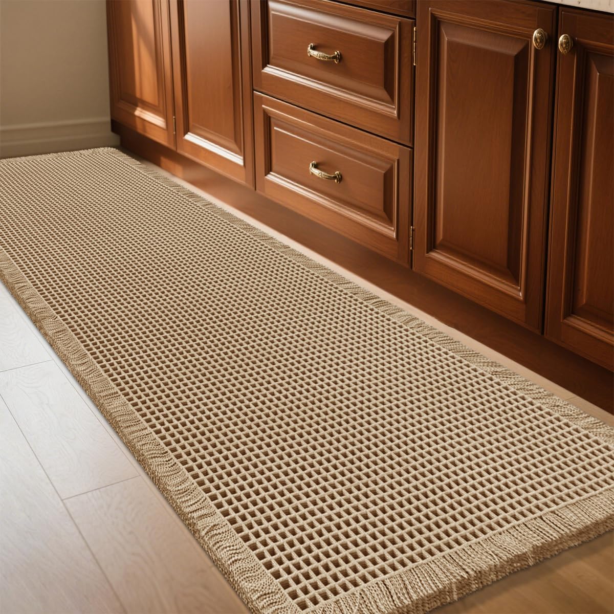 Extra Large Waffle Bath Mat Beige 6'x2'(72" x 24"), Boho Woven Modern ...