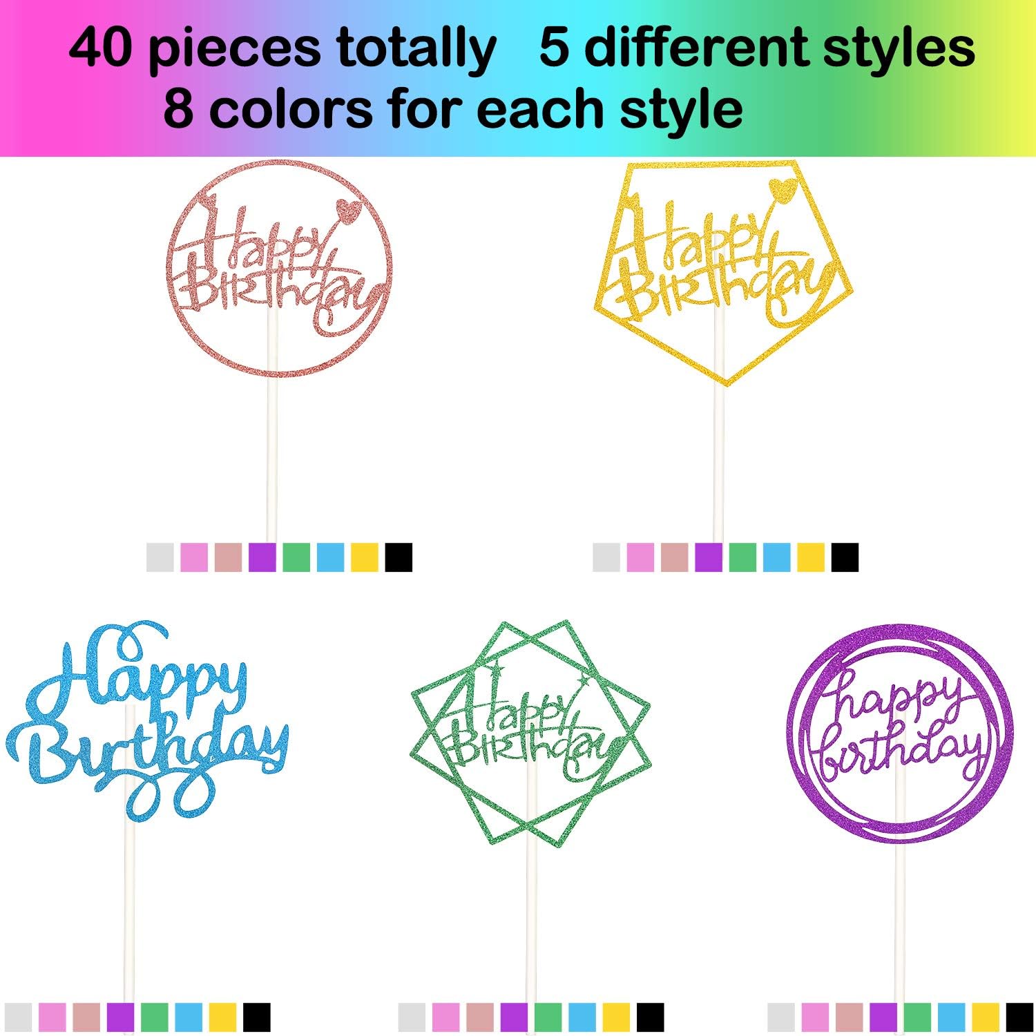 40 Pieces Happy Birthday Cake Toppers Glitter Birthday Cupcake Topper ...