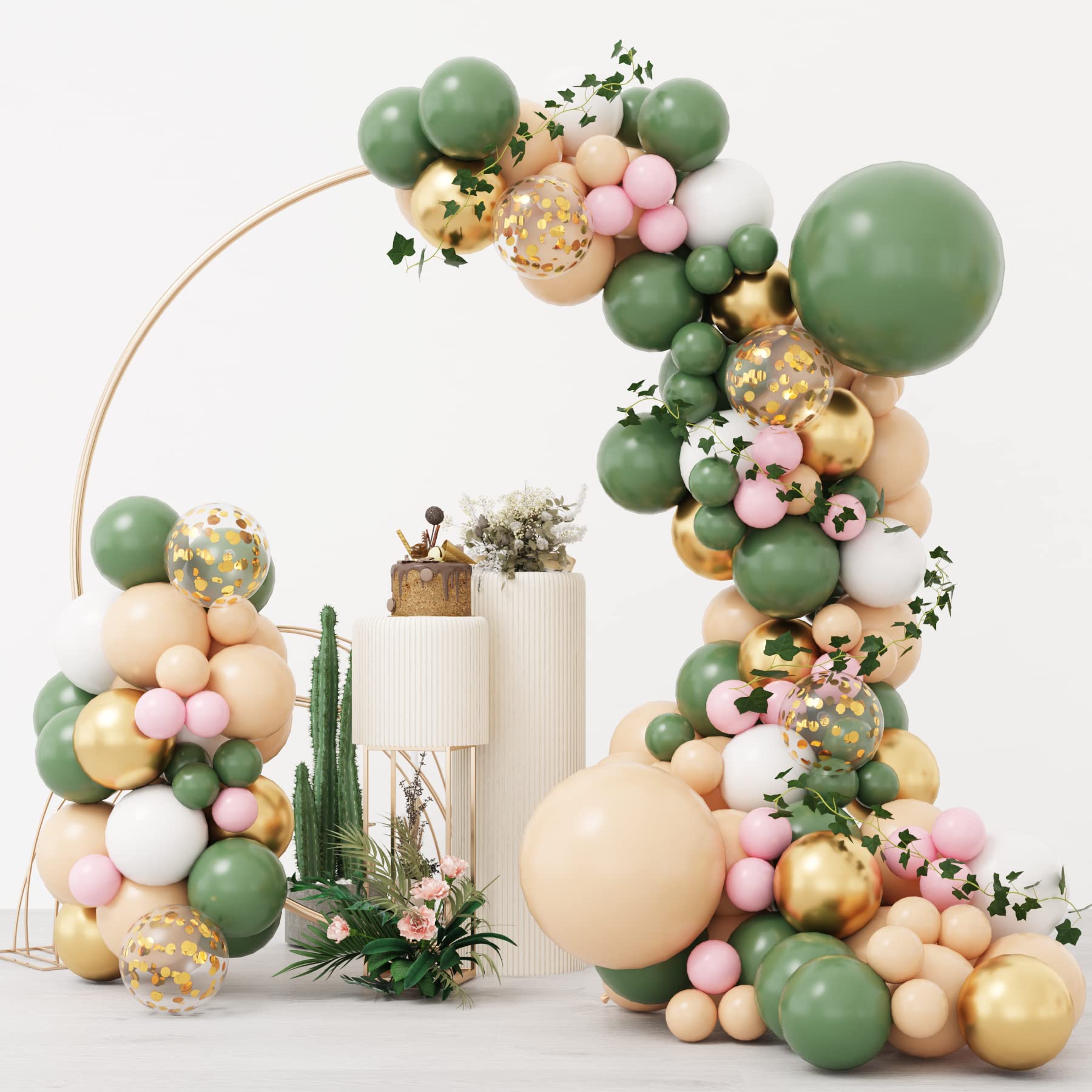 RUBFAC 150pcs Sage Green Pink Balloon Garland Arch Kit, Olive Green Blush Peach Gold Balloons ...