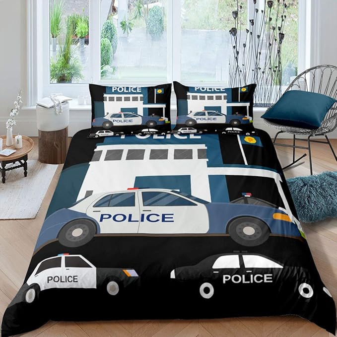 Police Car Comforter Cover King Size, Kids Cartoon Car Duvet Cover ...